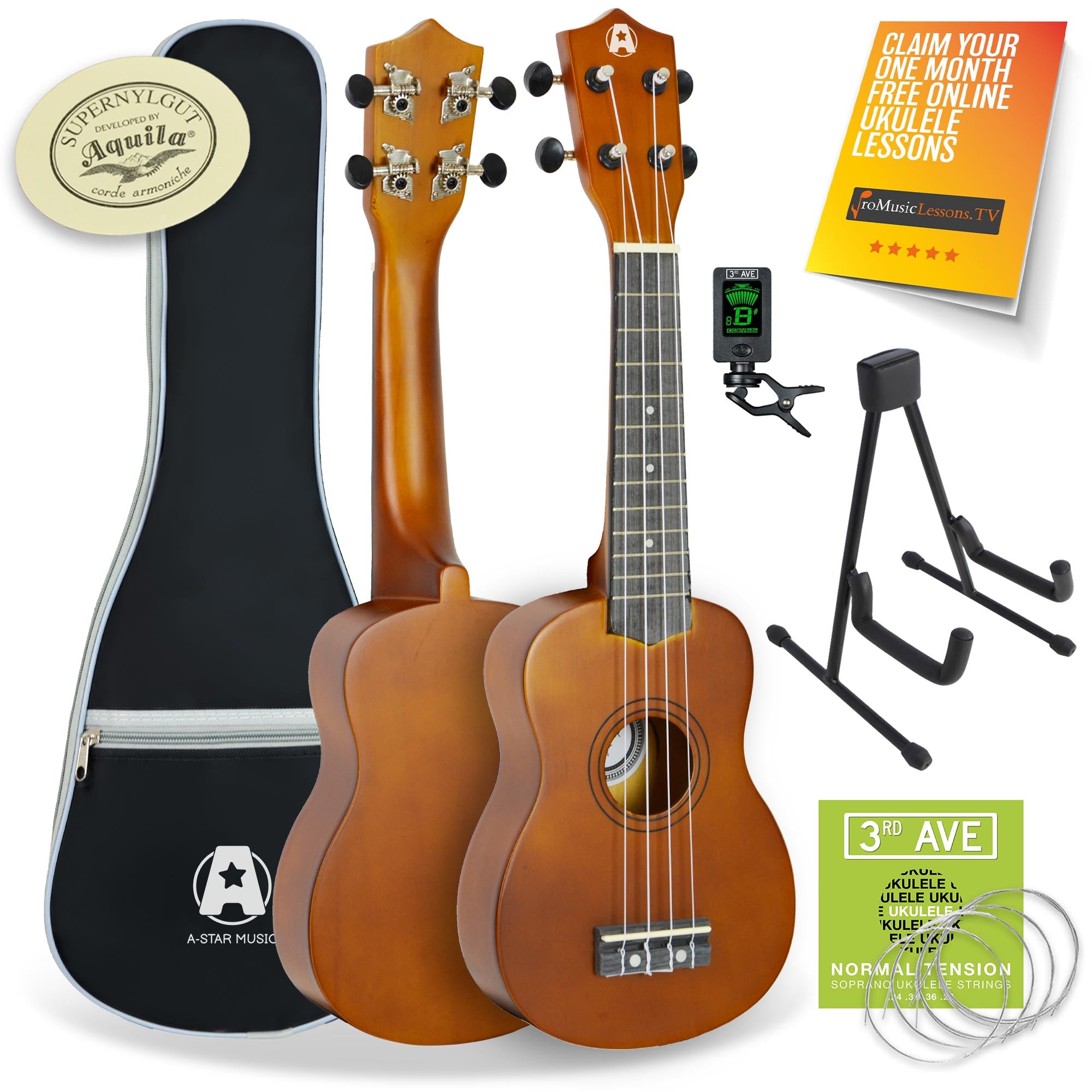 A-Star Soprano Ukulele Starter Pack with Bag, Stand, Tuner and Strings